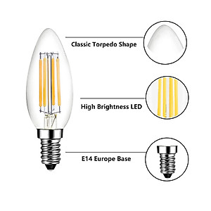 E14 LED Bulb Dimmable 40W Equivalent 3000K Soft White, E14 European Candelabra Base Light Bulbs, Clear Glass Torpedo Shape, 6 Pack