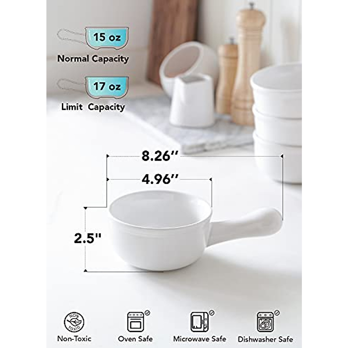 LE TAUCI Soup Bowls with Handle, 15 Oz Ceramic French Onion Soup Bowls, Large Soup Crocks Oven Safe for Stew, Onion, Soup, Chilli, Set of 4, White