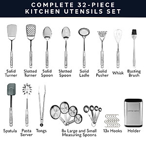 Home Hero 32 Pcs Stainless Steel Kitchen Utensils Set - Nonstick Stainless Steel Cooking Utensils Set - Heat Resistant Kitchen Essentials & Metal Kitchen Gadgets (32 Pcs Set with Utensils Holder)