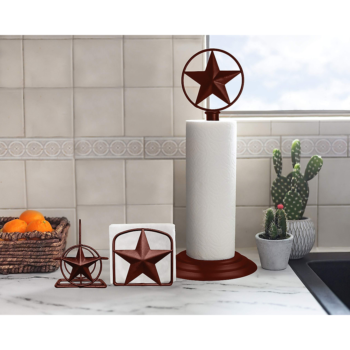 Brown Rustic Texas Star Paper Towel Holder, Napkin Holder, Salt and Pepper Shakers Holder, Country Farmhouse Iron Kitchen Counter Accessory Set Holders (Paper Towel Holder)