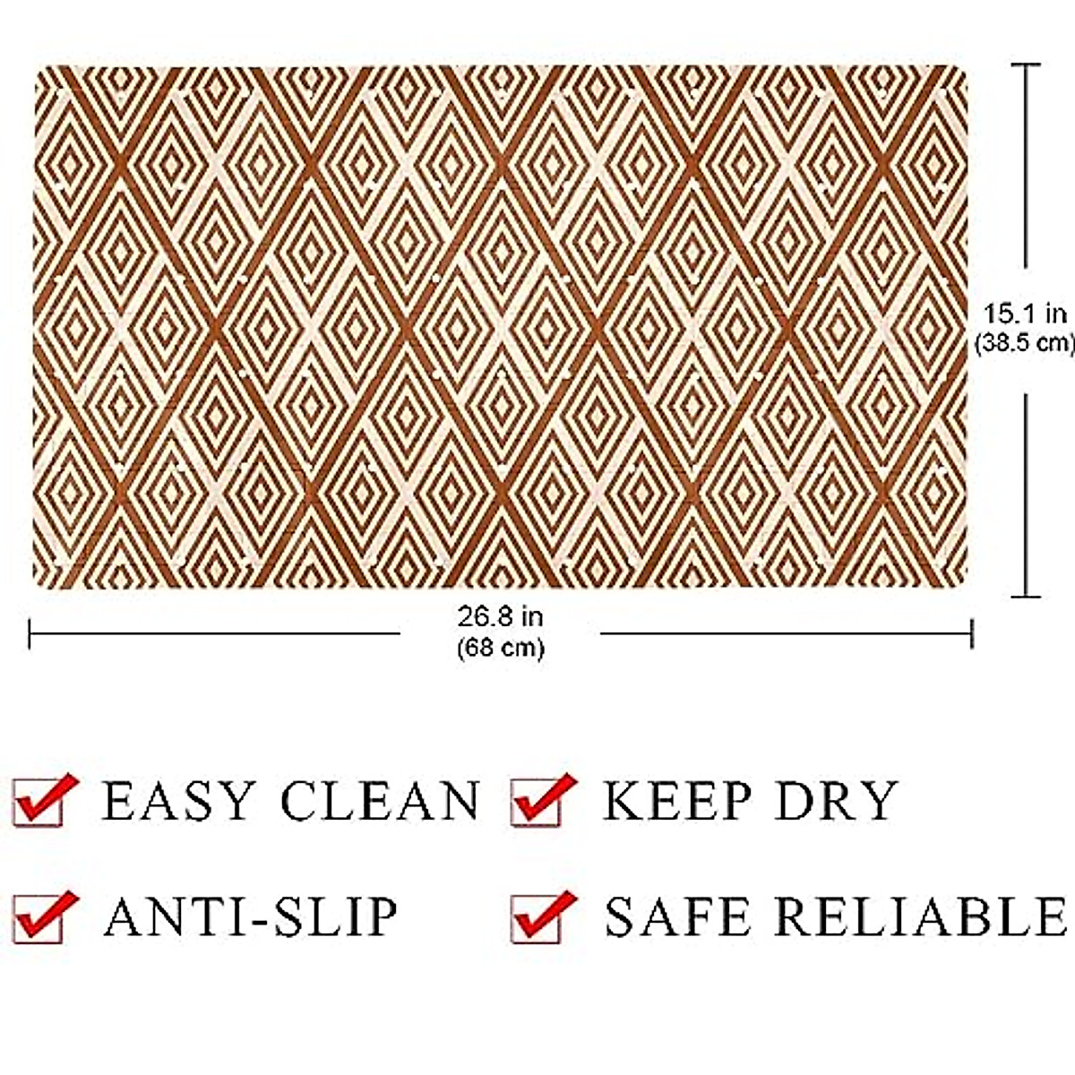 Bath Tub Shower Mat - Anti-Slip PVC Material 15.1x26.8 in, Gentle Cushioning Quick Drying Suction Cups Reliable Solution - Geometric Diamond Pattern - Brown Non-Slip Floor Mat