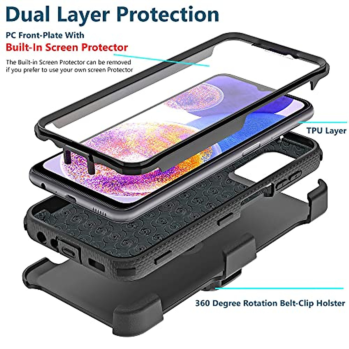 Covrware for Samsung Galaxy A23 5G / A23 (4G) Aegis Series case, Full-Body Rugged Dual-Layer Shockproof Protective Swivel Belt-Clip Holster Cover with Built-in Screen Protector, Kickstand, Black