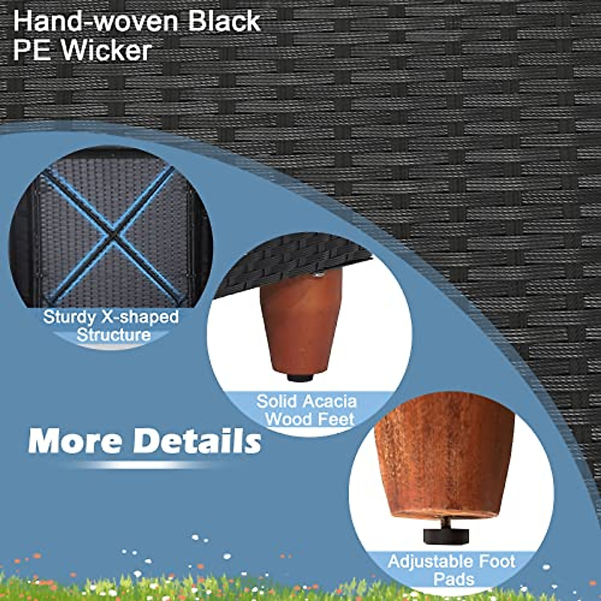 Tangkula 3 Pieces Patio Porch Furniture Set, PE Rattan Wicker Chair Conversation Set with Cushions and Storage Table, Outdoor Acacia Wood Bistro Set for Garden, Poolside (Black)