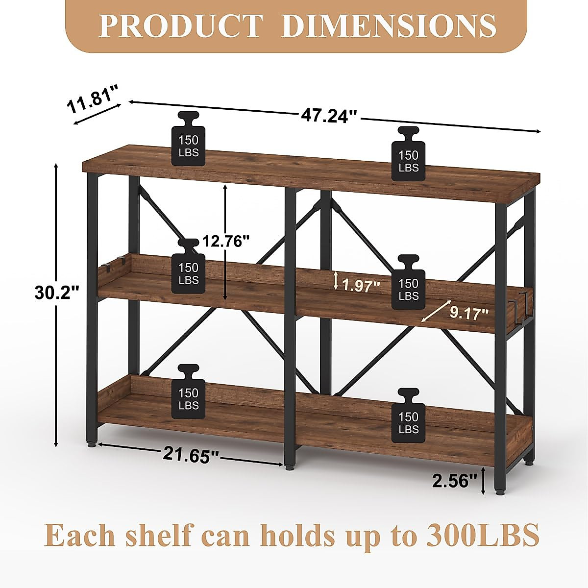 BON AUGURE Rustic Console Table with Shelves and Industrial Bookshelf Etagere, Wood and Metal Furniture Set for Living Room, Bedroom, Kitchen, Home Office (Rustic Oak)