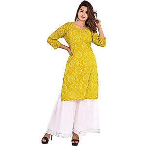 Vrnda Indian Women's Jaipuri Bandhani Printed Straight Cotton Kurti & Rayon Sharara Set For Women (L)