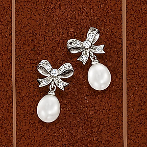 Ross-Simons 8-9mm Cultured Pearl and .30 ct. t.w. White Topaz Bow Drop Earrings in Sterling Silver