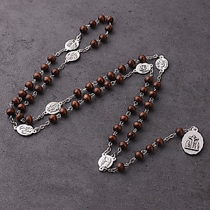 Loumu Seven Sorrows of Mary Rosary Chaplet with Wooden Beads Hematite Beads Glass Pearl Beads Crystal Beads Catholic Rosary Necklace for Women and Men Catholic Gift (brown, Wooden Beads)