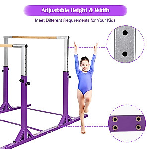 Costzon Double Horizontal Bars, Junior Gymnastic Training Parallel Bars w/11-Level 38-55" Adjustable Heights, 264lbs Capacity, Ideal for Indoors, Outdoor, Home Practice (Purple)