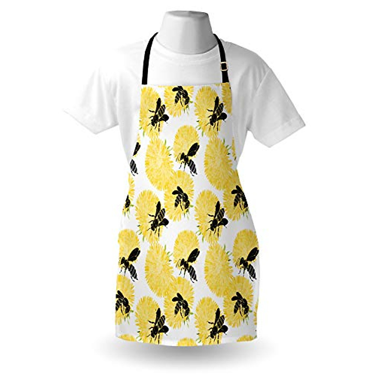 Ambesonne Bee Apron, Bees and Dandelion Flowers in Nature Detail Theme on White Background Print, Unisex Kitchen Bib with Adjustable Neck for Cooking Gardening, Adult Size, Black Yellow