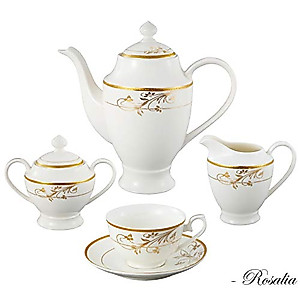 Lorren Home Trends La Luna Bone China 57-Piece 24K Gold Floral Design Dinnerware Set, Service for 8
