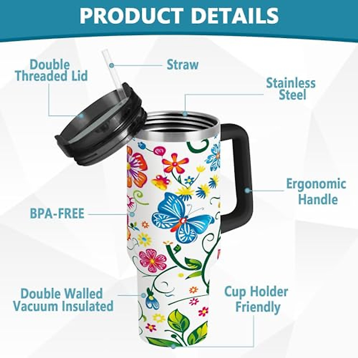 FRCSDIY Beautiful Butterfly Insulated Tumbler with Handle and Straw Lid,40oz Leakproof Stainless Steel Cup BPA-Free Water Bottle