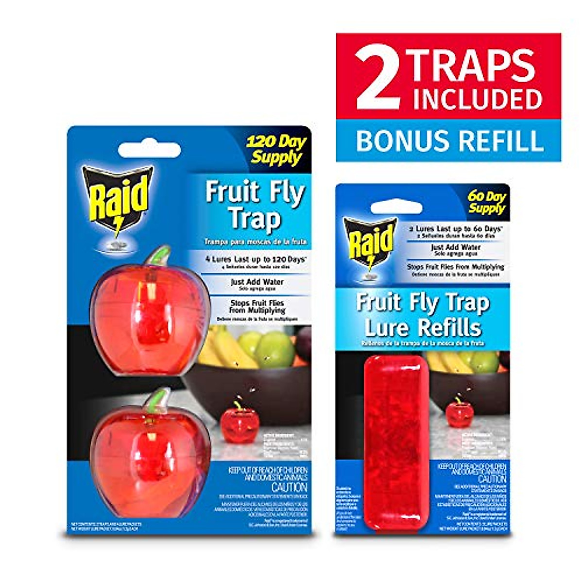 Fruit Fly Traps for Indoors by Raid | 2 Lures + 2 Refills | Effective Fruit Fly Trap for Indoor Use | Fruit Fly Killer & Gnat Traps for House Indoor | Easy to Use & Safe Food-Based Lure Fly Catcher