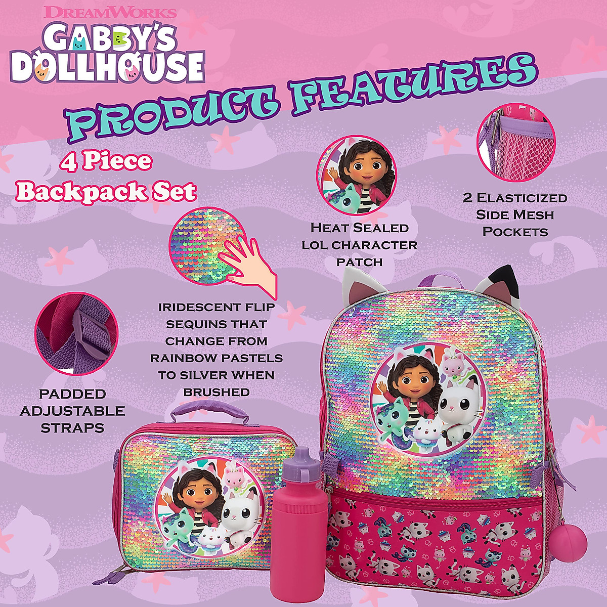 AI ACCESSORY INNOVATIONS Gabby’s Doll House 4 Piece Backpack Set, Flip Sequin 16" School Bag for Girls with Front Zip Pocket, Pink