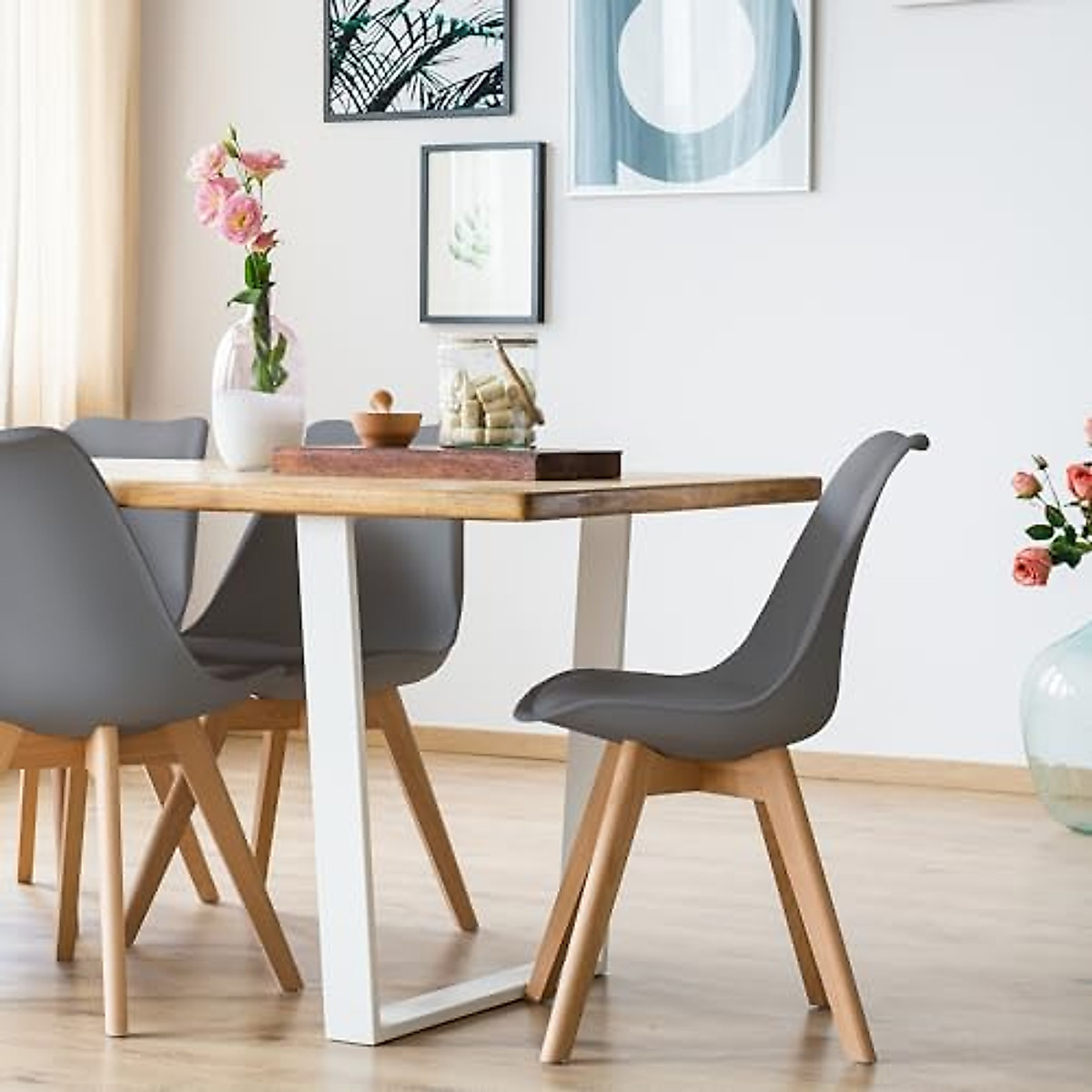 Yaheetech Dining Chairs Accent Chair with Beech Wood Legs Modern Mid Century Eiffel Inspired Chair, Dark Gray, 4Pcs