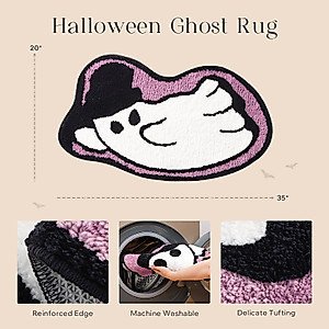 Phantoscope Happy Halloween Rug Ghost Shaped Area Rug, Soft Plush Mat for Front Door Living Bedroom Bathroom, Non-Slip Decorative Rug, Gothic Halloween Decor Door Mat, White/Purple 27.5 x 55 inch