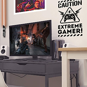Caution extreme gamer wall sticker boys bedroom decor gaming wall art kids room decorations stickers teen gamers boy posters boy decal teenage decoration vinyl home mural funny game rooms design black