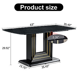 Maotifeys Luxury Faux Marble Dining Table for 6 Rectangular Kitchen Table with Black Gold Pedestal Base Elegant Black Marble Dinner Table for 4-6 People in Kitchen Dining Room Office