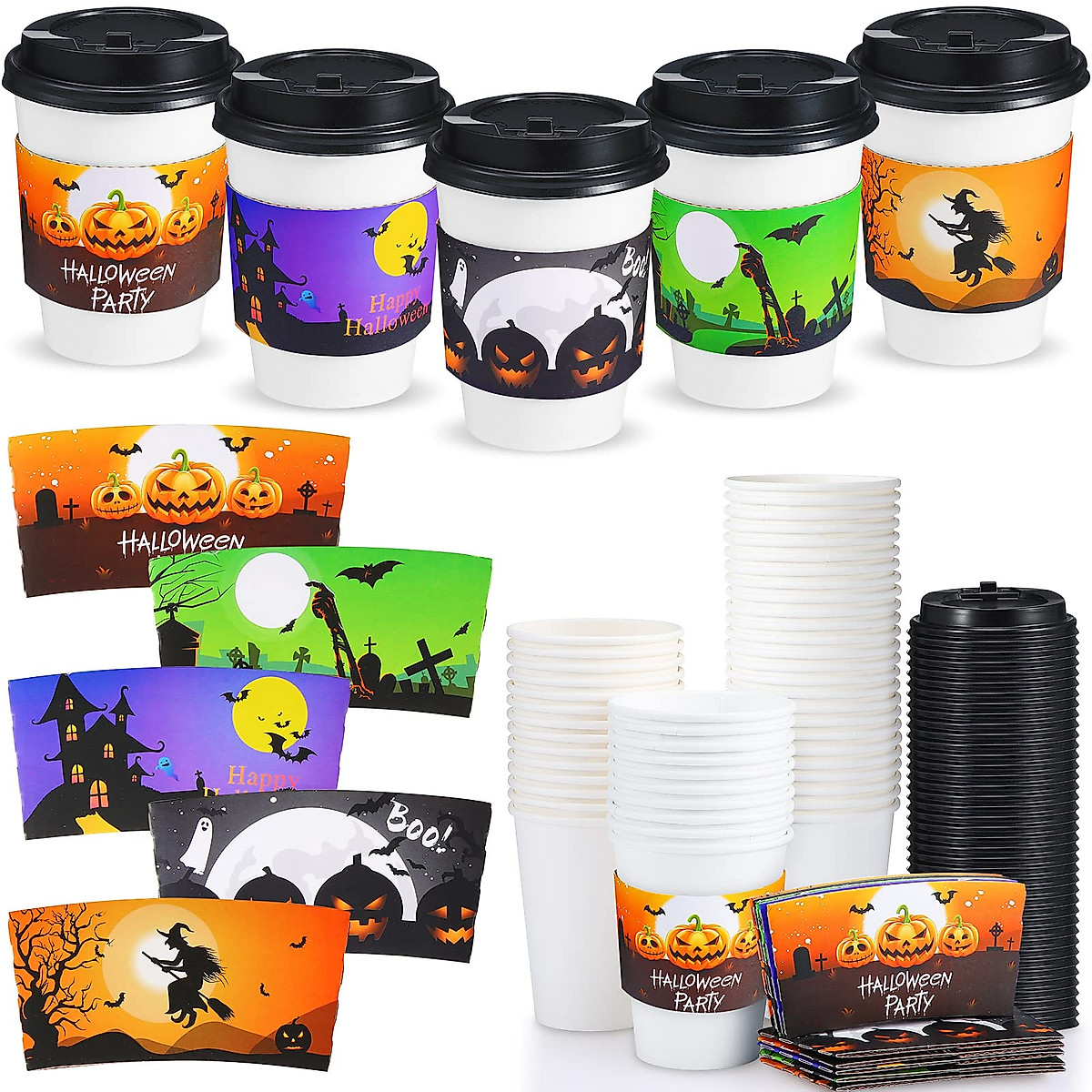 150 Pcs 12 oz Halloween Disposable Coffee Cups with Lids and Coffee Cup Sleeves Paper Hot Coffee Cups Dome Lids and Coffee Cup Tea Cup Sleeves for Halloween Party Decoration Supplies (Horror Pattern)
