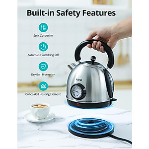 Retro Electric Water Kettle 1.8L Stainless Steel for Boiling Water with Temperature Gauge, Visible Water Level Line, Led Light, Auto Shut-Off & Boil-Dry Protection, 1500W Fast Heating