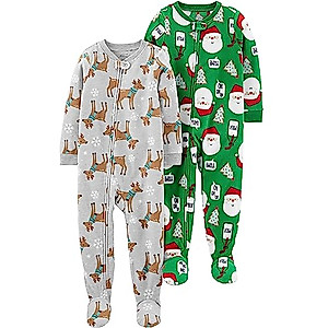 Simple Joys by Carter's Kids' Holiday Loose-fit Flame Resistant Fleece Footed Pajamas, Green Santa/Grey Heather Reindeer, 18 Months