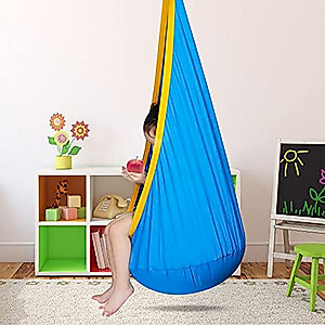 C-CHAIN Swing Pod Chair for Kids, Cotton Hammock Chair with Durable Air Cushion, Child Swing Seat Nest with Adjustable Rope, All Accessories Included (Blue)