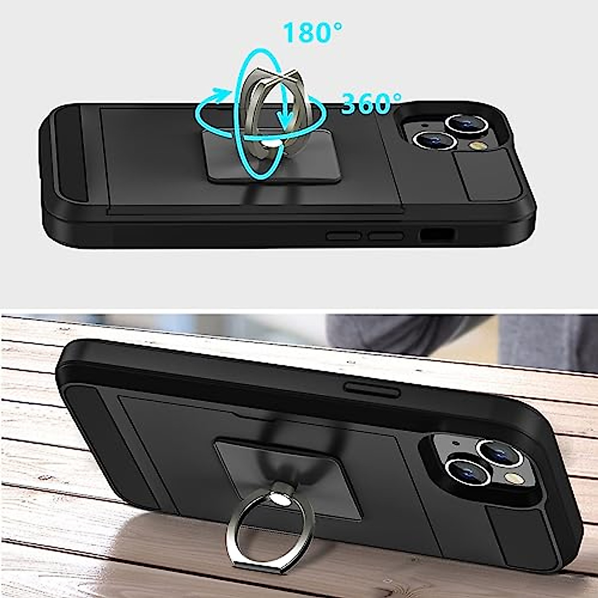 Vofolen for iPhone 13 Case Wallet Credit Card Holder with Transparent Ring Stand Kickstand, Camera Lens Protector Hidden Pocket Anti-Scratch Dual Layer Slim Protective Cover 6.1 inch Black