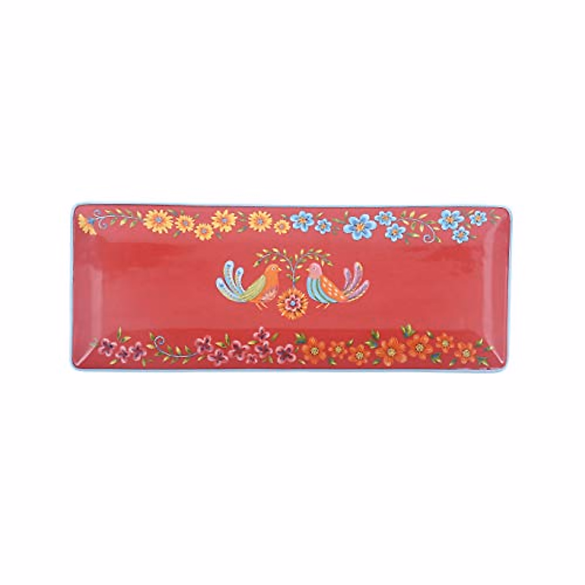 Bico Red Spring Bird Ceramic 14 inch Rectangular Serving Platter, Set of 2, for Serving Salad, Pasta, Cheese, Ham, Appetizer, Microwave & Dishwasher Safe