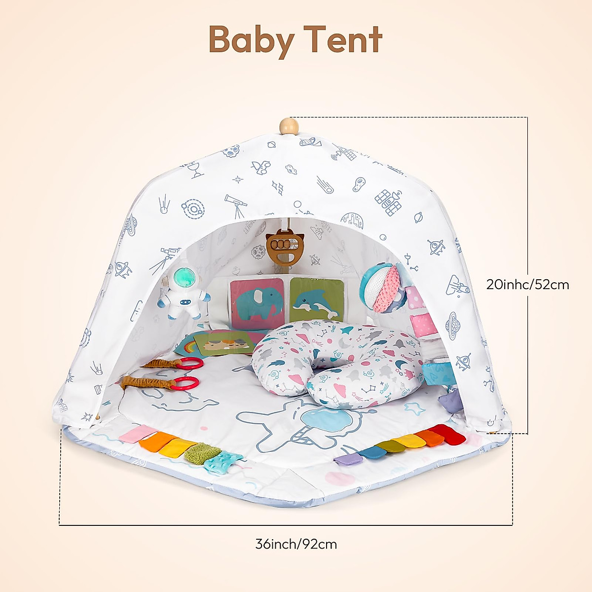 Woodtoe Baby Play Gym Wooden Baby Gym, Montessori Tummy Time Playmats with Natural Wooden Legs, Early Development Activity Gym, Newborn Gift for Infant to Toddler, 0-12 Months