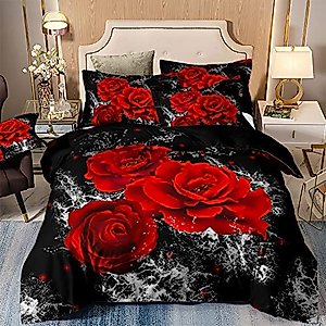 Djoymock Rose Duvet Cover Set Queen Red Floral Printed Bedding Set 3 Pieces Reversible Soft Microfiber Romantic Comforter Cover Set Home Decor for All Season (1 Duvet Cover + 2 Pillowcases) 90"x90"