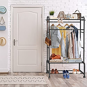 PouHenier.jh Clothing Racks on Wheels for Hanging Clothes with Coat Hook, Upgrade Heavy Duty Rolling Rack for Clothes Organizer, Freestanding Double Rod Metal Garment Rack with Shelves(Black)…