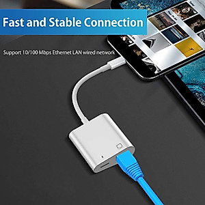 Lightning to Ethernet Adapter, [Apple MFi Certified] 2 in 1 RJ45 Ethernet LAN Network Adapter with Charge Port Compatible with Phone/Pad/Pod, Supports 100Mbps Ethernet Network