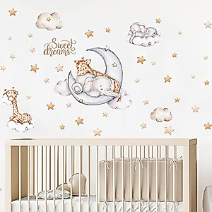Elephant and Giraffe on The Moon and Stars Wall Stickers for Kids Baby Room Decor Sweet Dream Moon Hot Air Balloon Star Baby Nursery Decor Baby Shower Room Interior Decor Kid