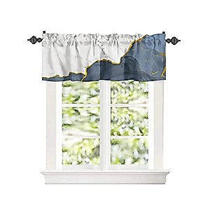 WARM TOUR Curtain Valance for Windows Ink Blue White Marble Gradient Kitchen Valances Rod Pocket Short Curtains,Gold Edge Abstract Art Window Treatment Panel for Living Room Bathroom Bedroom 42x12in