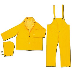 MCR Safety 2403L Classic Plus PVC/Polyester 3-Piece Corduroy Collar Rain Suit with Detachable Hood and Bibpant, Yellow, Large