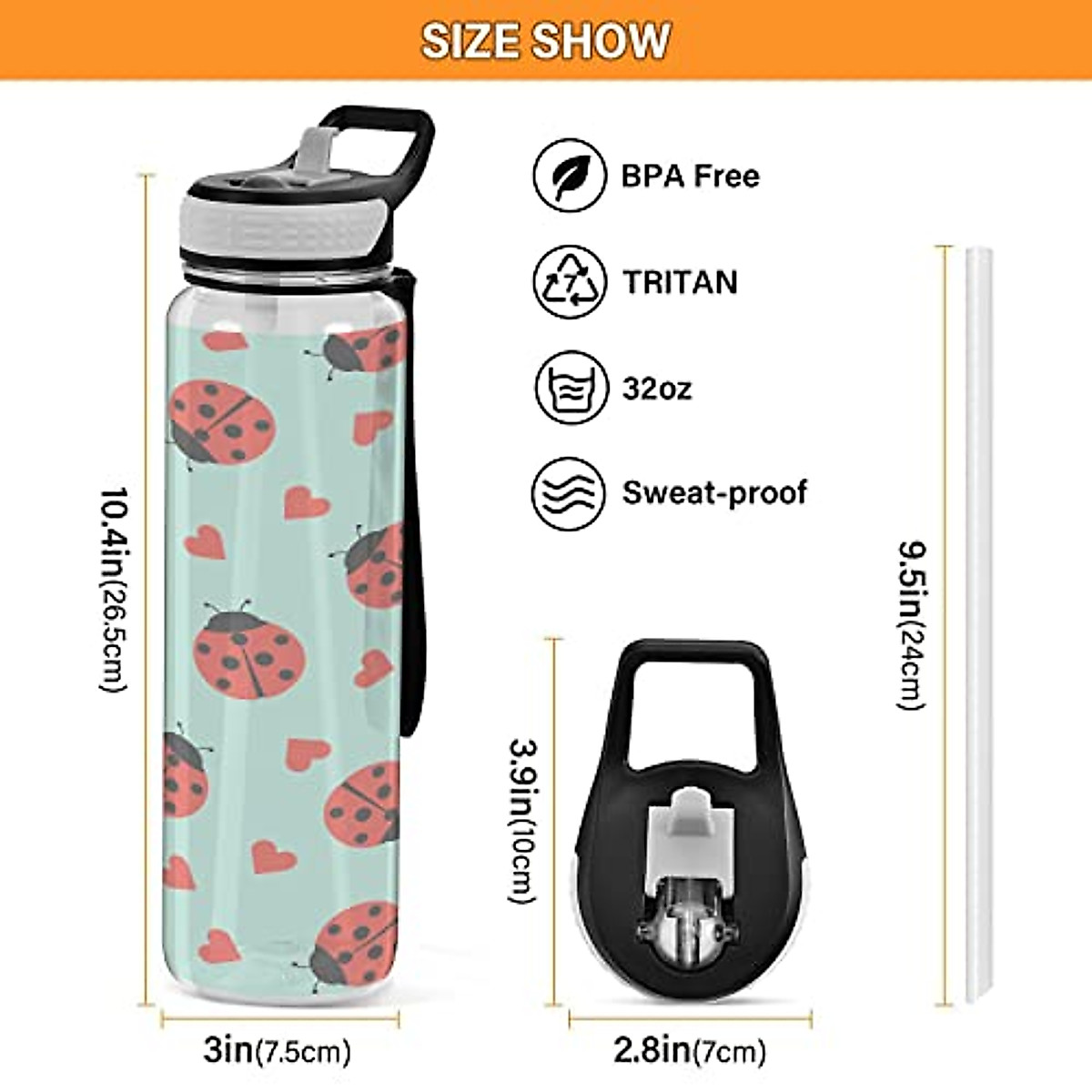 xigua Ladybug Water Bottle with Straw Lid,32 oz Leakproof Sport Water Bottle with Wide Handle for Gym,Cycling,School,Travel