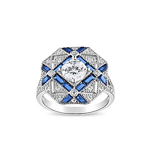 Scienza Resurgence Art Deco Ring for Women – Rhodium Plated Sterling Silver Ring w/Blue Baguette Stones – Blue Spinel & White Cubic Zirconia Ring – Structured Crisscross Geometric Ring