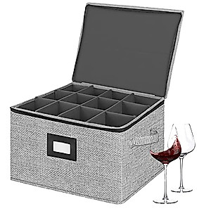 homyfort Wine Glass Storage Boxes with Dividers,China Storage Containers Stemware Chest Boxes Holds 12 Wine Glass or Crystal Glassware with Label Window and Handles,Hard Shell and Stackable (Grey)