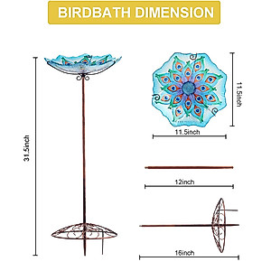 OUISJYER Bird Baths for Outdoors, Peacock Feather Glass Birdbath & Birdfeeder with Metal Pedestal Stake Garden Yard Lawn Decor (31.5" H * 11.5" W)