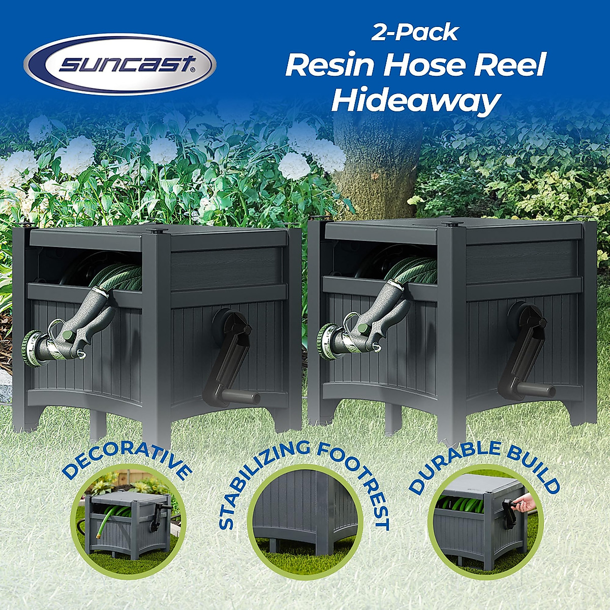 Suncast Hideaway 100 Foot Garden Hose Reel for 5/8 Inch Hoses with Stay Up Lid and Crank Handle for Outdoor Storage, Cyberspace, 2 Pack