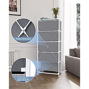 Crestlive Products Vertical Dresser Storage Tower - Sturdy Steel Frame, Wood Top, Easy Pull Fabric Bins, Wood Handles - Organizer Unit for Bedroom, Hallway, Entryway, Closets - 5 Drawers (Light Gray)