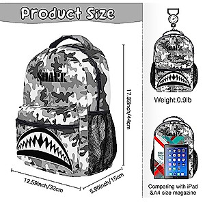 Cbntnaf Shark Camo Backpack for Women Men, Gray Camo Shark Teeth Print Bookbag for Boys Girls, Large Capacity Lightweight Backpack for School Work Camping Hiking