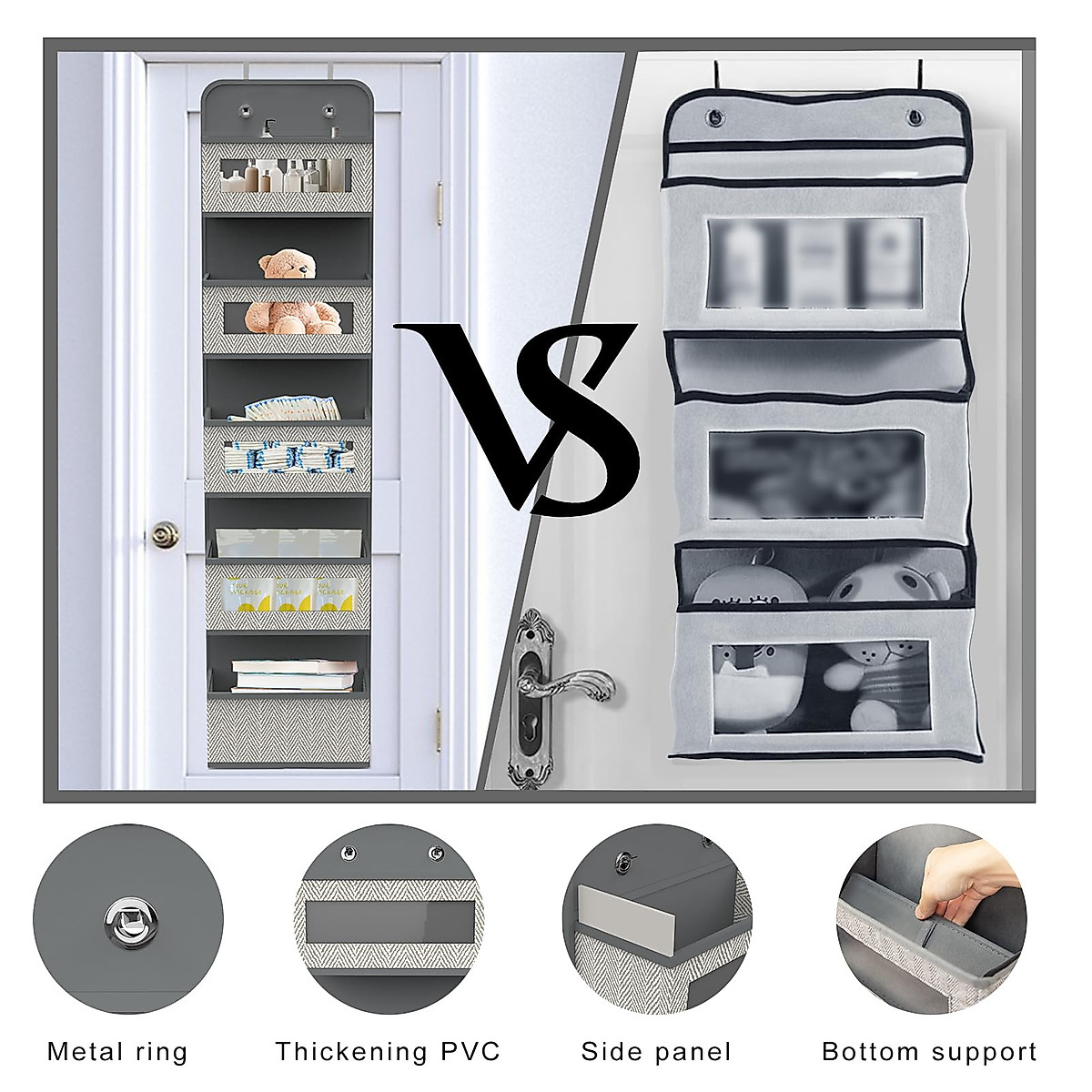 Domsanistor Over The Door Hanging Organizer with 5 Big Pockets, Wall Mount Fabric Back of Door Storage Organizer with Clear Window & Metal Hooks for Pantry Closet Diaper Dorm Nursery Bedroom