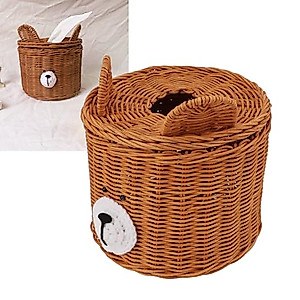 Atyhao Cute Bear Tissue Box Cover Rattan Holder with Lid, Round Easy Maintenance Dispenser, Versatile Decor, Photography Prop for Kids Rooms, Tables