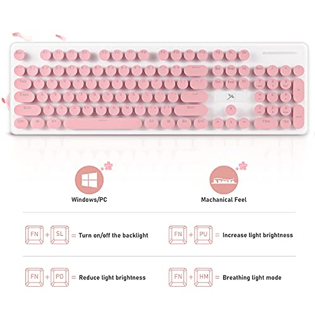 LexonElec Wired USB Keyboard Mouse Combo Gamer N518 104 Keys White LED Backlit Punk Keycap Ergonomic Pro Gaming Keypad + 1600DPI 4 Buttons Optical Game Mice for Laptop PC (Pink & White Light)