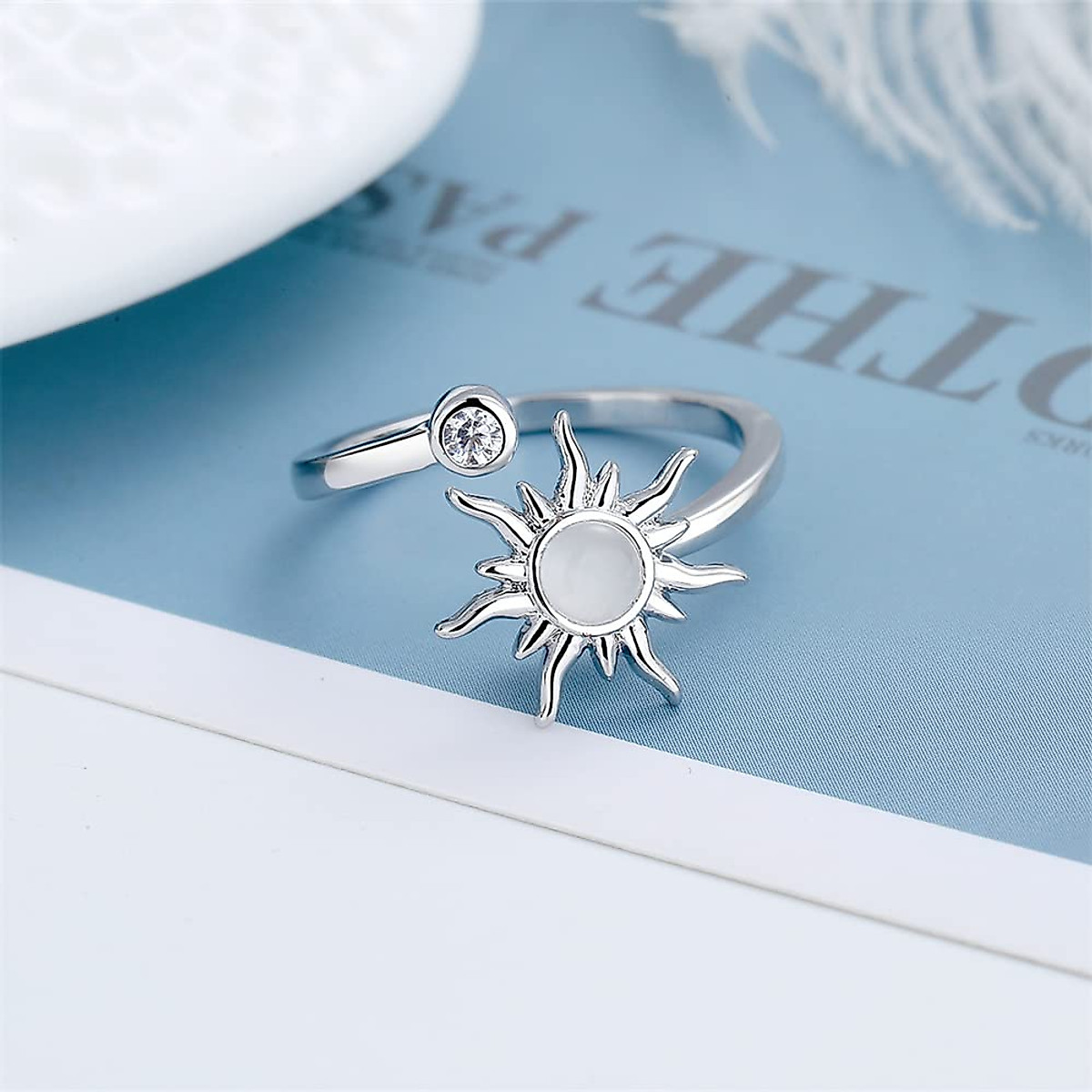 Asymmetric Rotatable Spinner CZ Ring for Women Girls Anti Anxiety Stress Relief Peace Fidget Rings Silver Plating Cute Daisy Sun Star Wrap Open Finger Knuckle Statement Ring Christmas Valentines