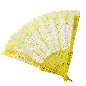 Larcele Folding Lace Fan Women Hand Held Fan Elegant Floral Fancy Retro for Wedding Nightclub Cosplay Dance Party LSS-02 (Yellow)