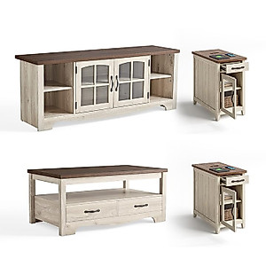 LINSY HOME Living Room Table Sets 4 Piece with TV Stand, Farmhouse TV Stand for 65 Inch TV, Coffee Table with Drawers, Two End Table with Charging Station, Washed Gray