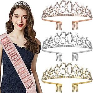 30th Birthday Sash and Tiara for Women, 30 "Dirty Thirty" Birthday Sash and Crown, Happy 30th Birthday Gifts for Women Queen Party Favors Supplies and Decorations, Silver