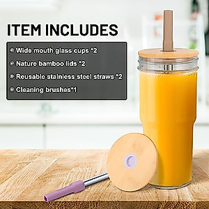 Cafezi 24oz Mason Jar Drinking Glasses with Bamboo Lids and Straws 2 Pack，Reusable Boba Cup Smoothie Tumbler Glass Bubble Tea Cup，Iced Coffee Cup，BPA Free, Dishwasher Safe