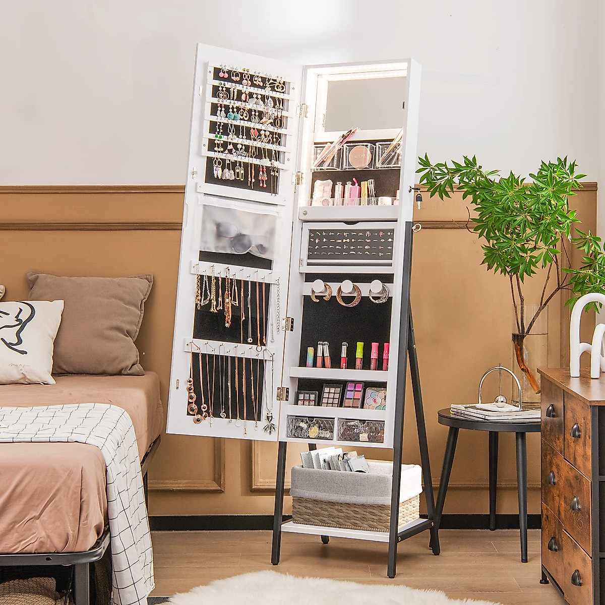 CHARMAID LED Strip Jewelry Armoire with 47.2" H Full Length Mirror, Lockable Jewelry Cabinet Organizer with 3-Color Lights, 3 Brush Boxes, 2 Drawers, Bottom Storage Shelf, Metal Frame (White)